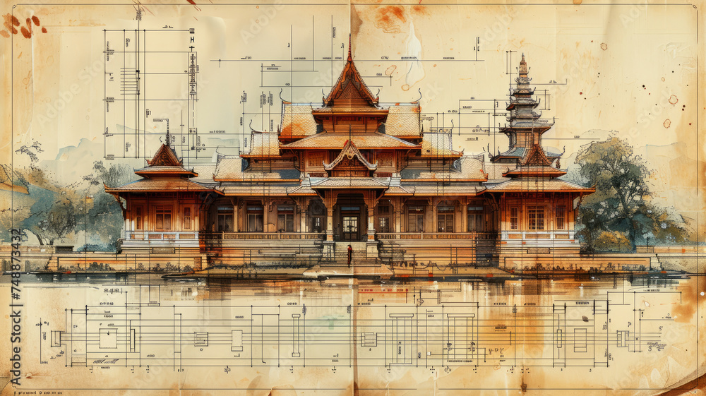 a construction blueprint in an exploded schematic style depicting ...