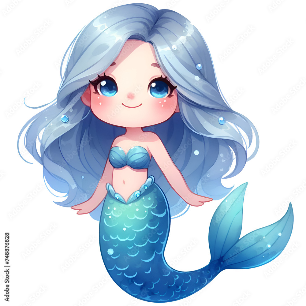 Watercolor Cute Cartoonish Blue Mermaid, Underwater Mermaid PNG Clipart ...
