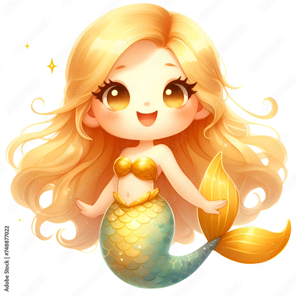 Watercolor Cute Cartoonish Golden Mermaid, Underwater Mermaid PNG ...