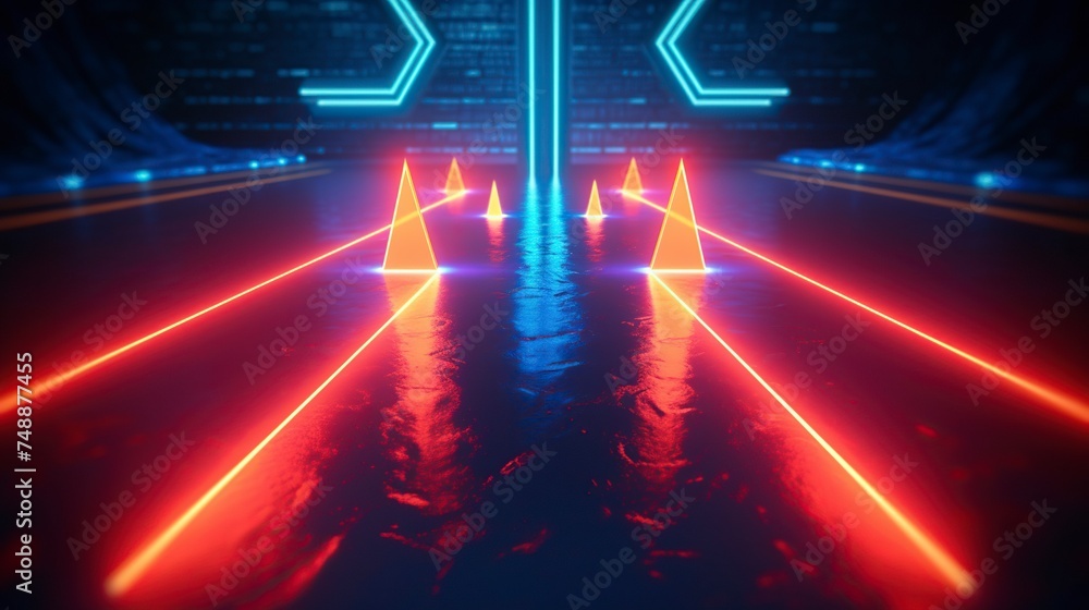 abstract neon background with ascending pink and blue glowing lines ...