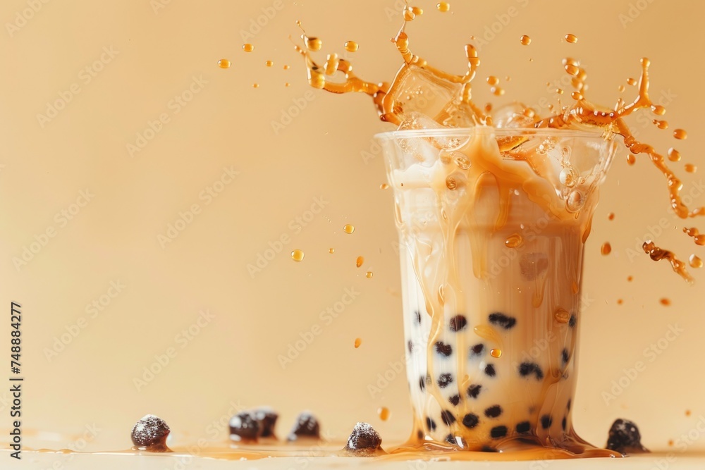 brown sugar boba tea splash Thai bubble tea with tapioca pearls Stock ...
