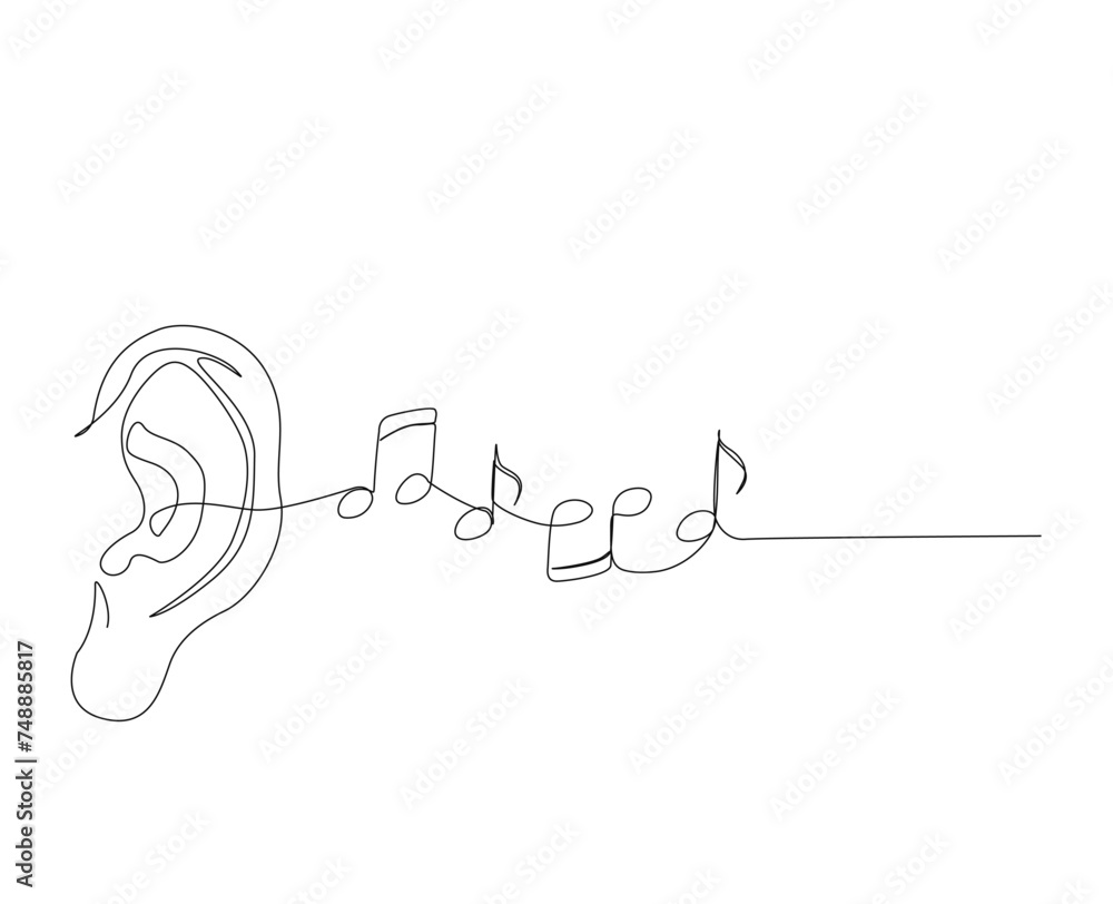 Continuous line art drawing of human ear with music notes. Listening ...