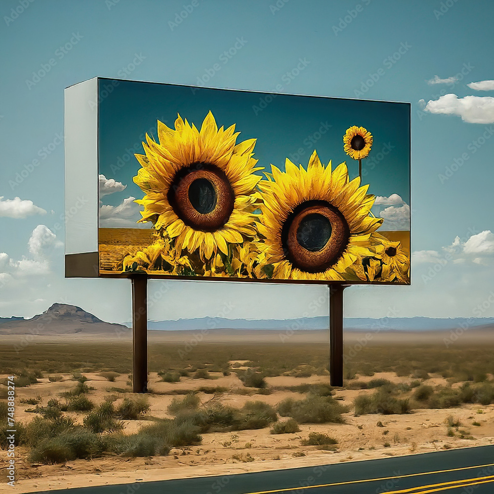 Billboard with huge sunflowers by the side of a desert highway in the ...