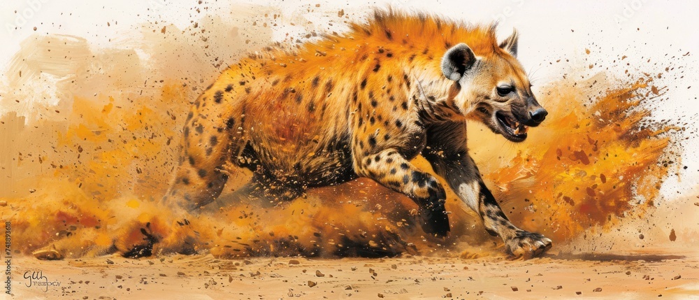 a painting of a hyena running through a field of orange and yellow dust ...