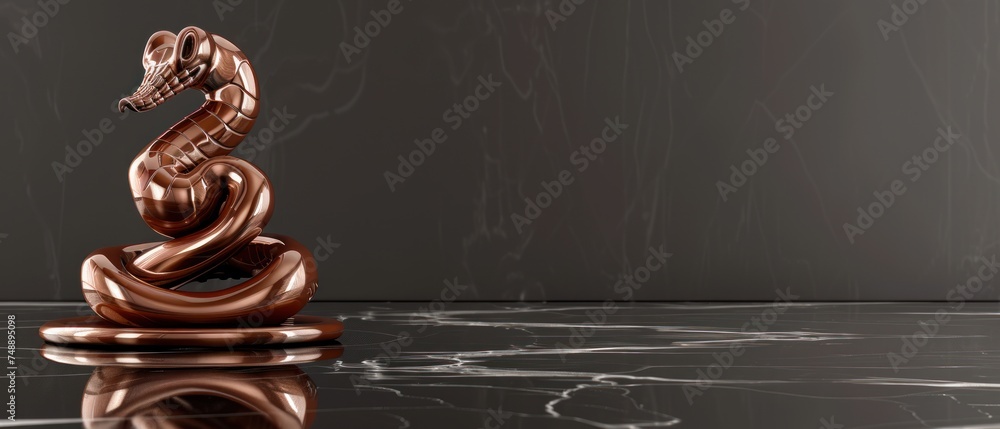 a bronze snake statue sitting on top of a black marble floor next to a ...