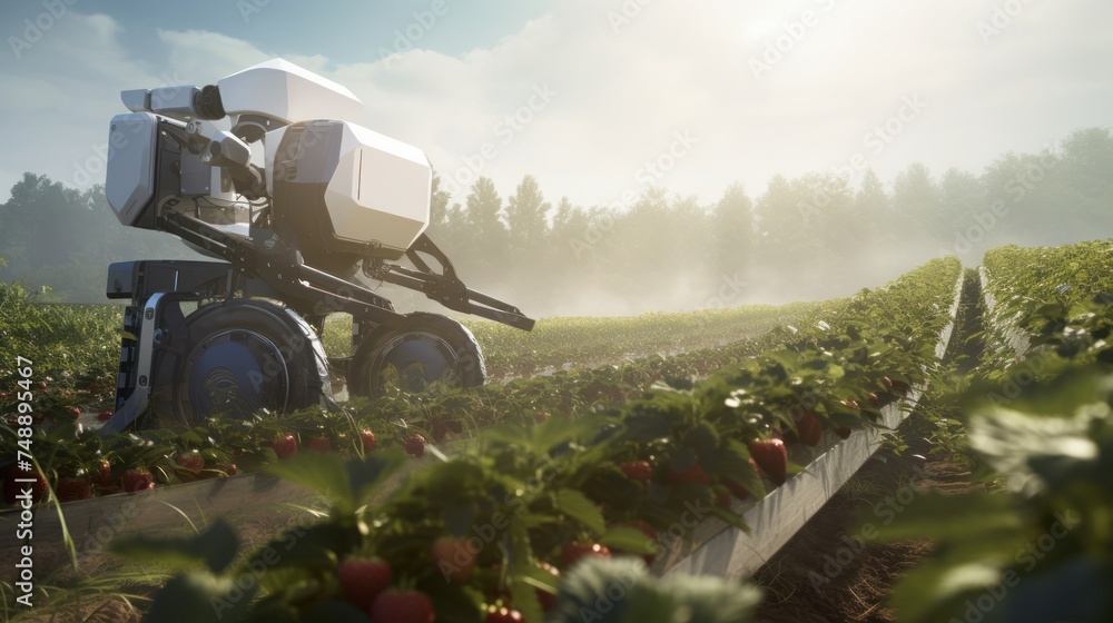 Fruit harvesting robot is picking fresh fruit from trees. Fruit picking ...