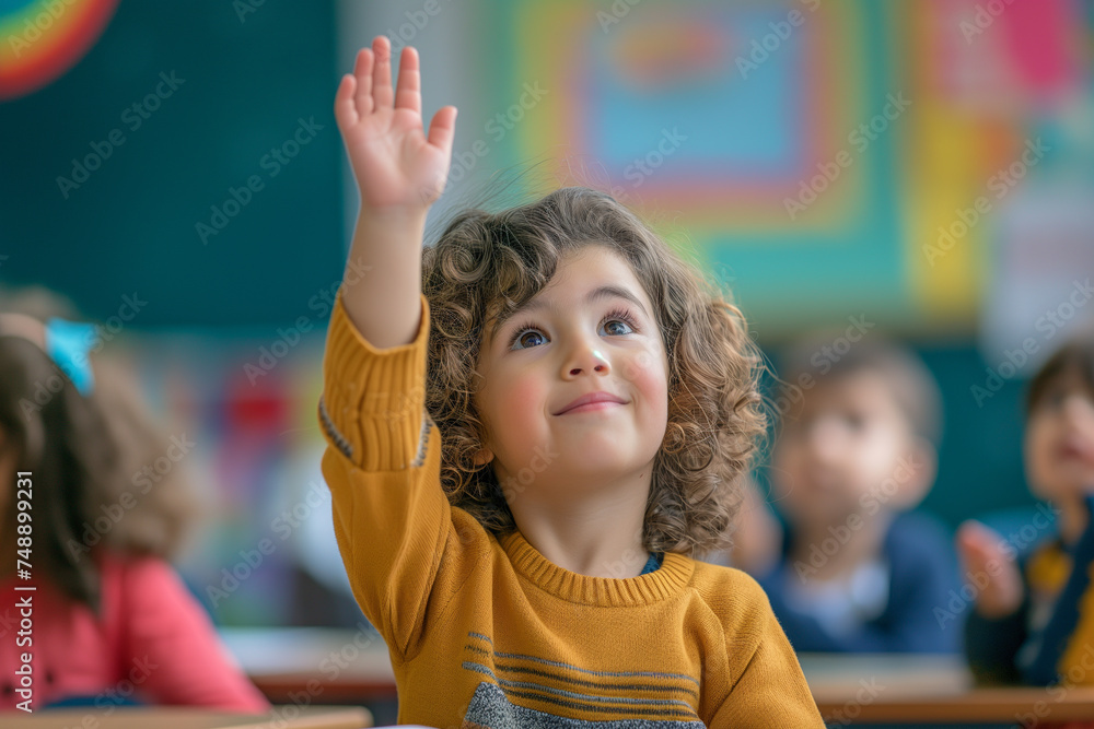 A 5-year-old child raising their hand to share an opinion in a ...