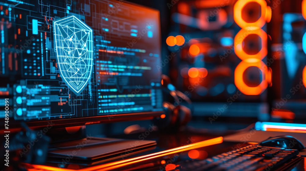 A computer setup with a creative representation of a virtual shield ...