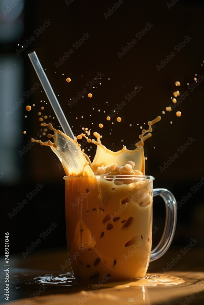brown sugar boba tea splash Thai bubble tea with tapioca pearls Stock ...