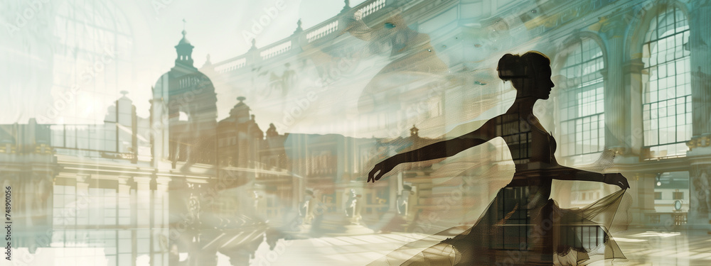 Ballet dancer and a vintage architectural structure, fusing the ...