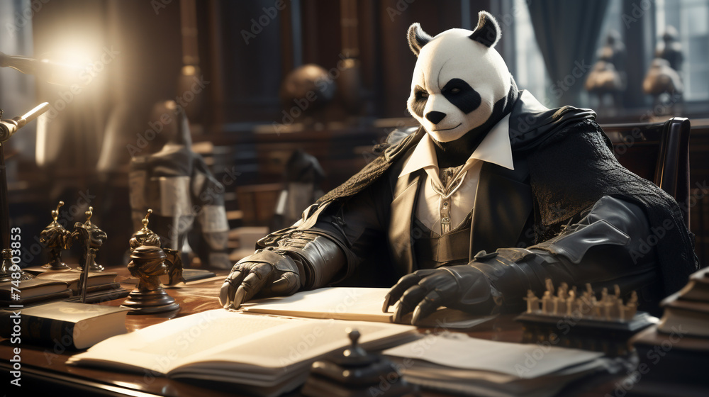 Picture a 3Drendered legal setting a panda lawyer strategizing with a ...