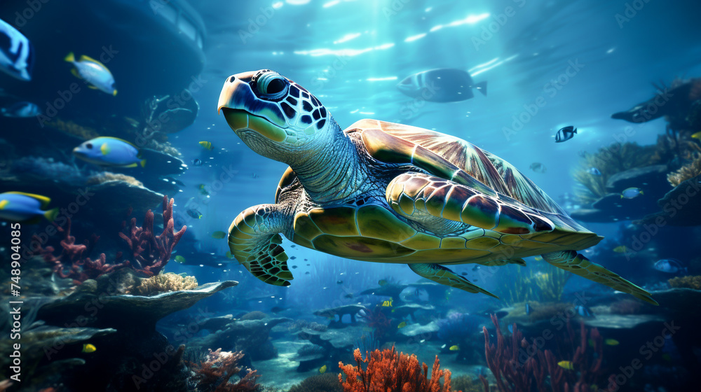 3D underwater odyssey featuring sea turtles submarines exploring marine ...