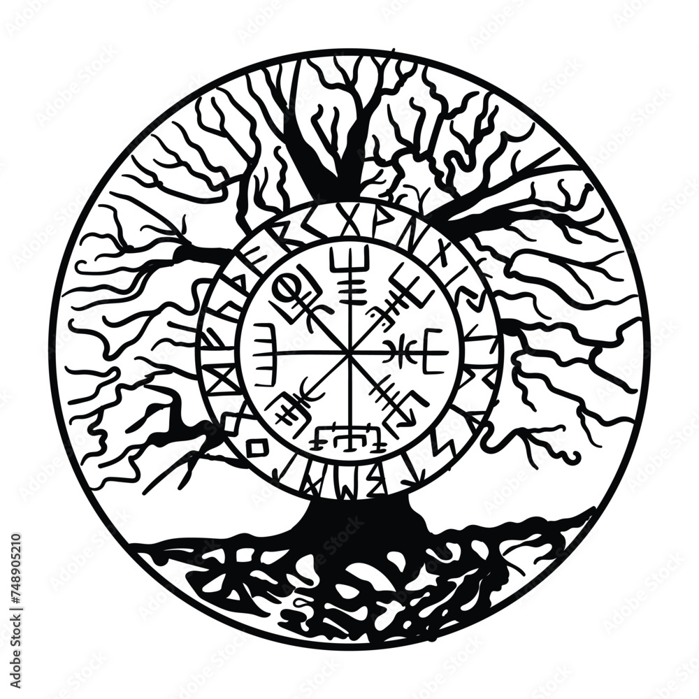 Yggdrasil, the tree of life. Vikings symbol Odin,with futhark runes ...