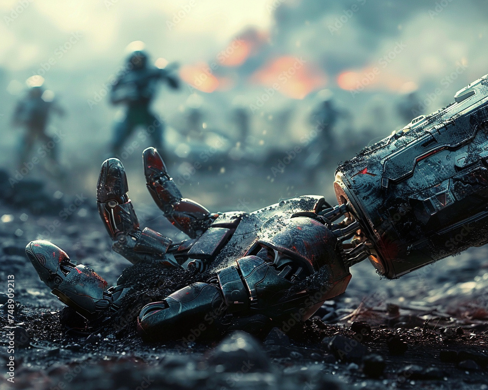 The hand of a fallen fantasy hero, clutching the earth, with robotic ...