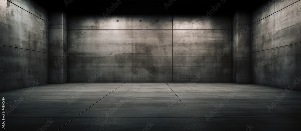 The stark black and white room features a barren concrete wall ...