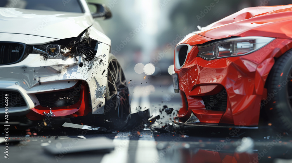 close-up of a car crash scene showing two damaged vehicles with a focus ...
