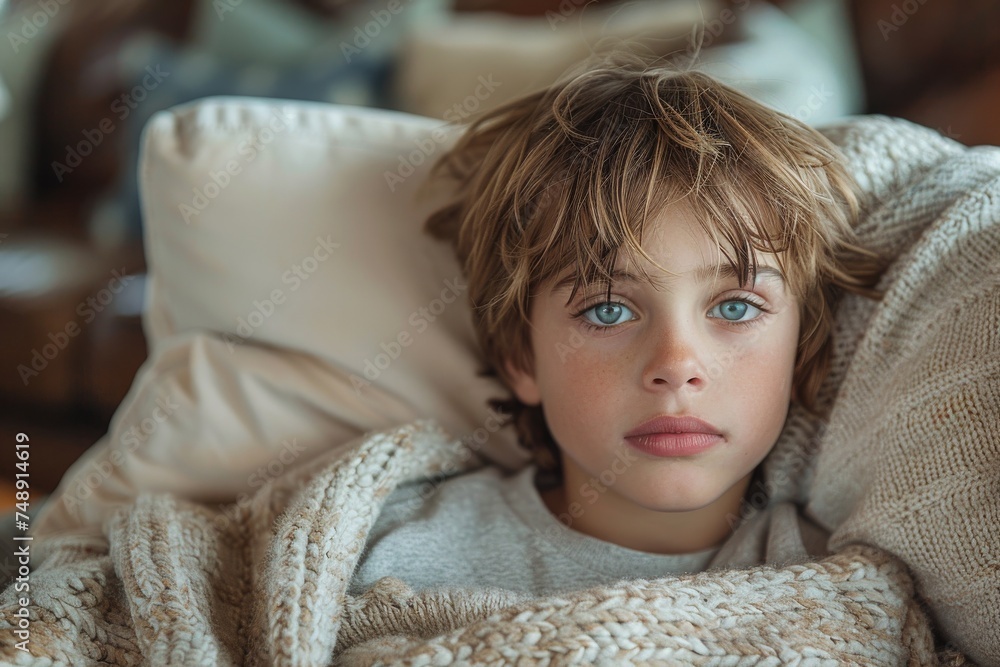Calm portrait capturing a boy with beautiful blue eyes lying ...