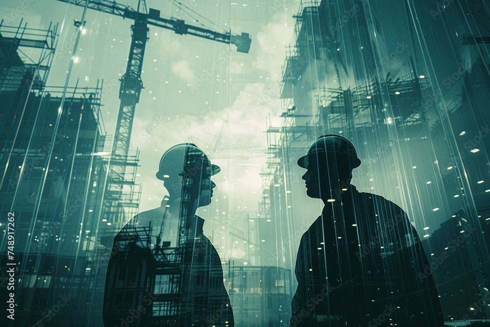 Urban Visionaries: Realistic Construction Workers Gazing at Skyscraper, Dark White and Light ...