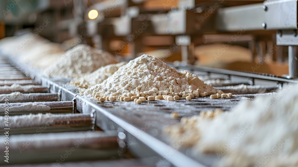 Sorting and packaging grains and flour in a factory production line ...