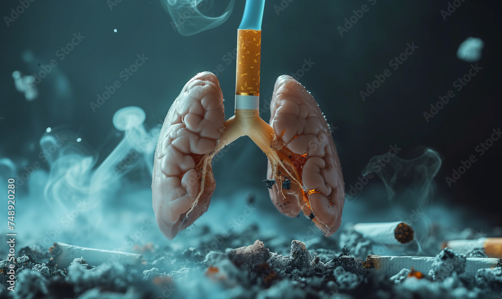 Smoking effect on the human lungs concept with cigarette inserting ...