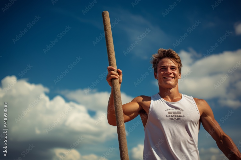 A man is seen holding a pole in his right hand, preparing for a pole ...