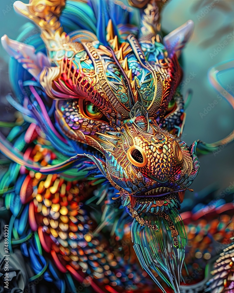 The image depicts a stunningly detailed dragon with a rich tapestry of ...