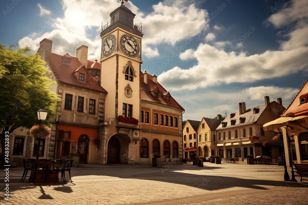 Old World Clock Tower: An antique clock tower standing tall in a historic town square, embodying ...