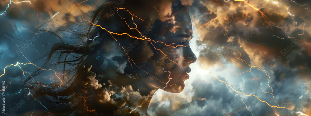 Fusion of a woman's face and a thunderstorm, capturing the electric ...