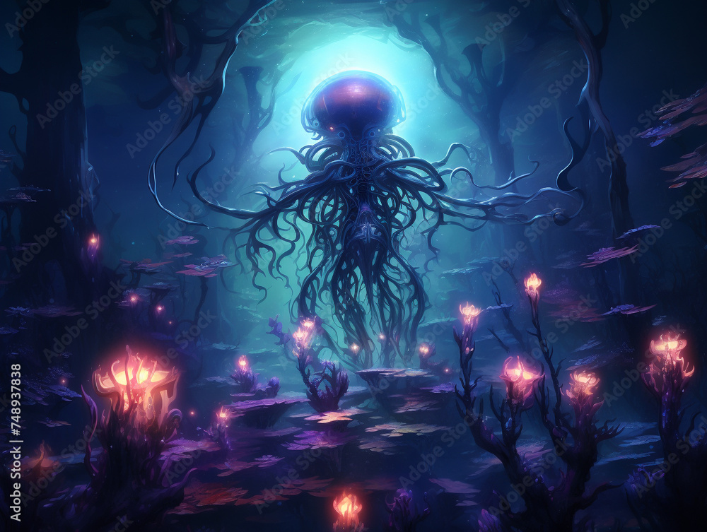 Mysterious alien exploring the depths of the ocean illuminated by the ...