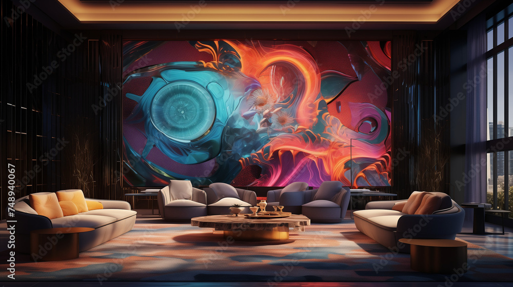 High-tech living room with a video-mapped wall displaying intricate ...