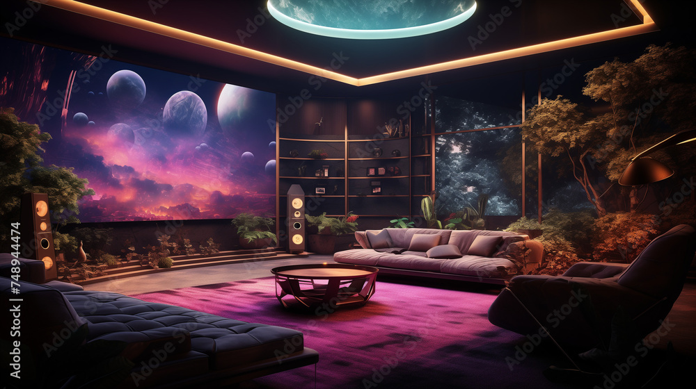 Virtual reality entertainment room with immersive 3D projections ...