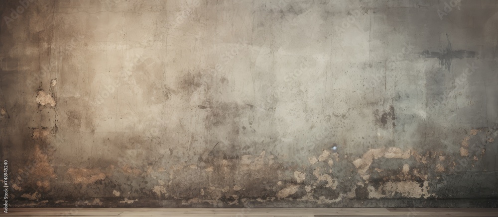 A room with a worn wooden floor and a dirty, discolored wall. The wall ...