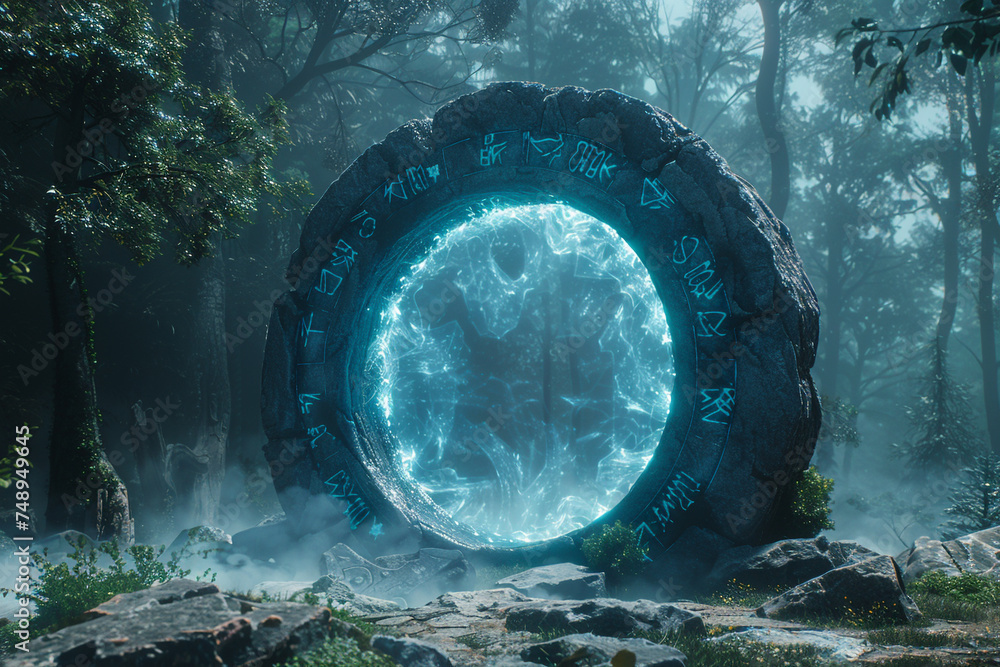 An ancient stone portal runes etched along its frame glowing with a ...