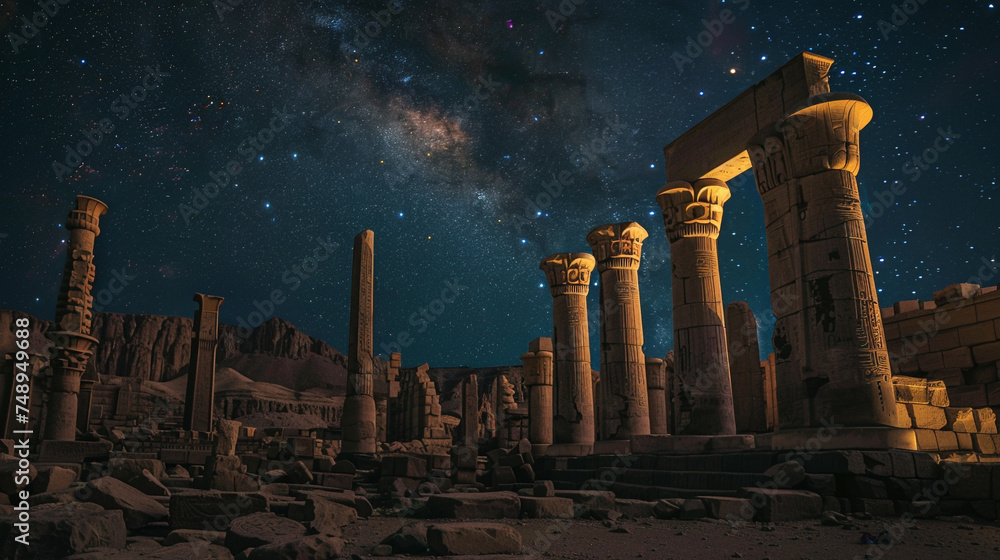 Ancient ruins bathed in the glow of a starlit sky their stones telling ...