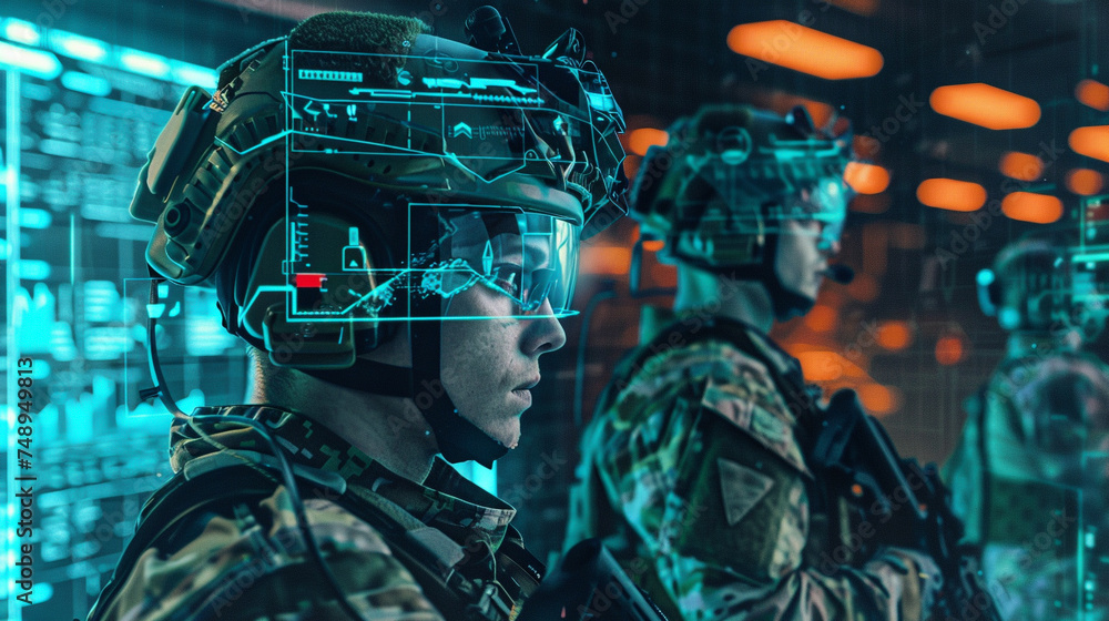 Elite soldiers in a high tech warzone using HUD equipped helmets to ...