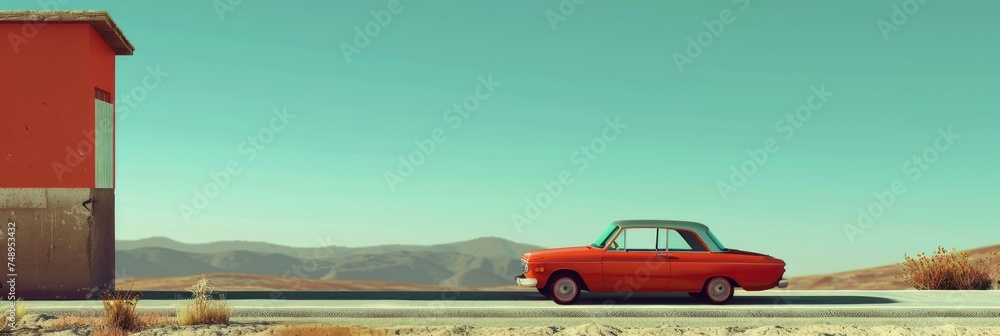 Vintage red car on desert roadside under blue sky - The image portrays ...