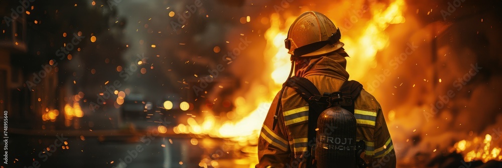 Firefighter facing massive blaze in action - A firefighter in full gear ...