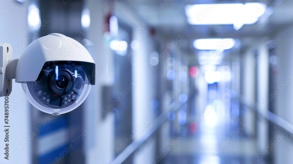 Modern surveillance camera in a hallway, ensuring safety in a public ...