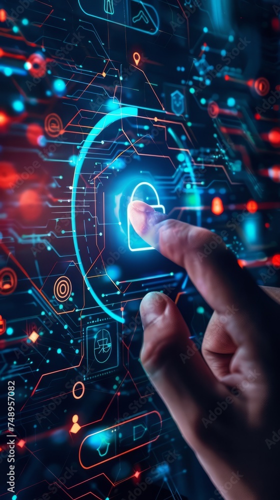 Human finger touching a digital screen with glowing cyber security lock ...