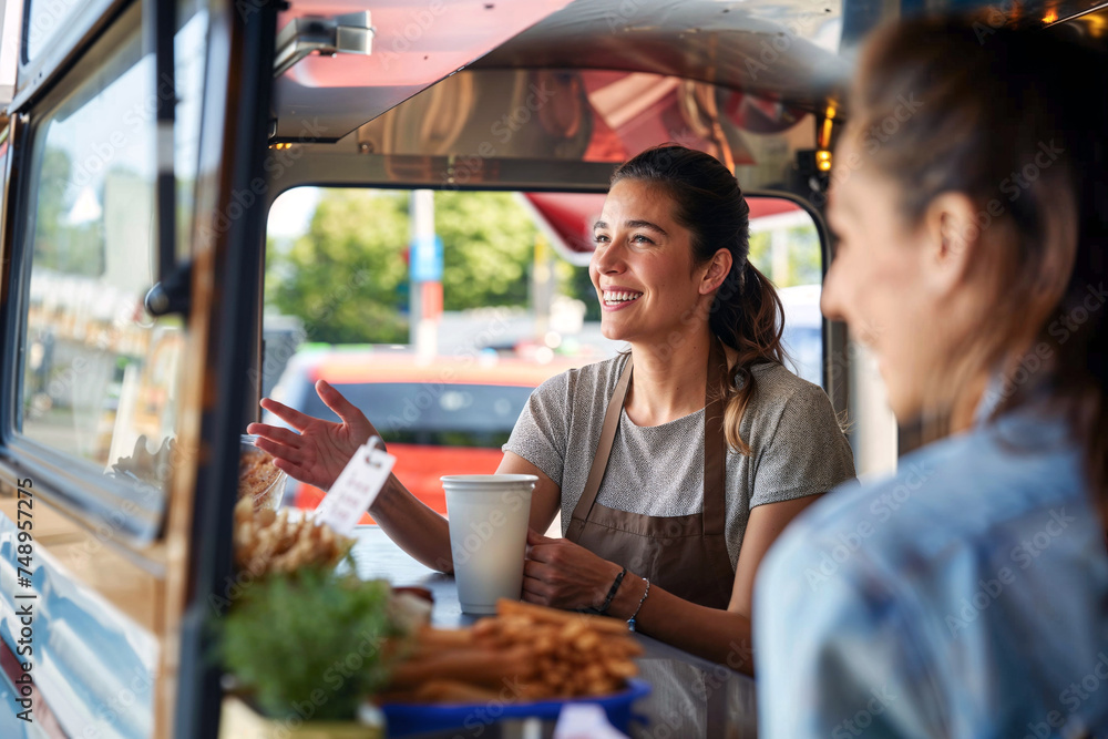 Candid shot of a female food truck owner engaging with customers ...
