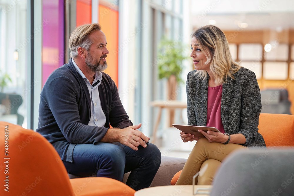 Candid capture of a male and female colleague deeply engaged in ...