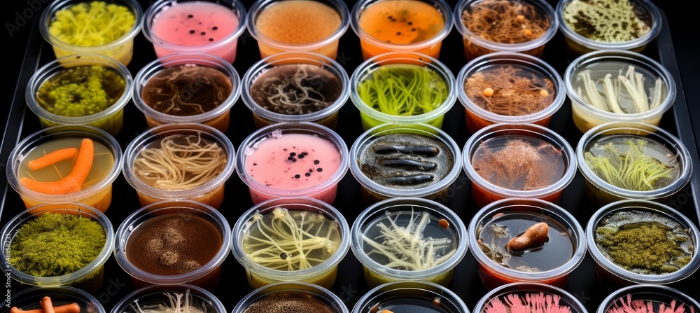 Mold and other fungi samples grown in laboratory petri dishes for ...
