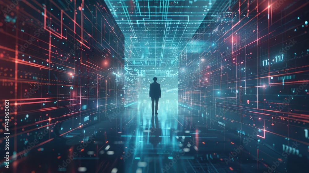 Futuristic corridor with digital matrix design - A solitary figure ...