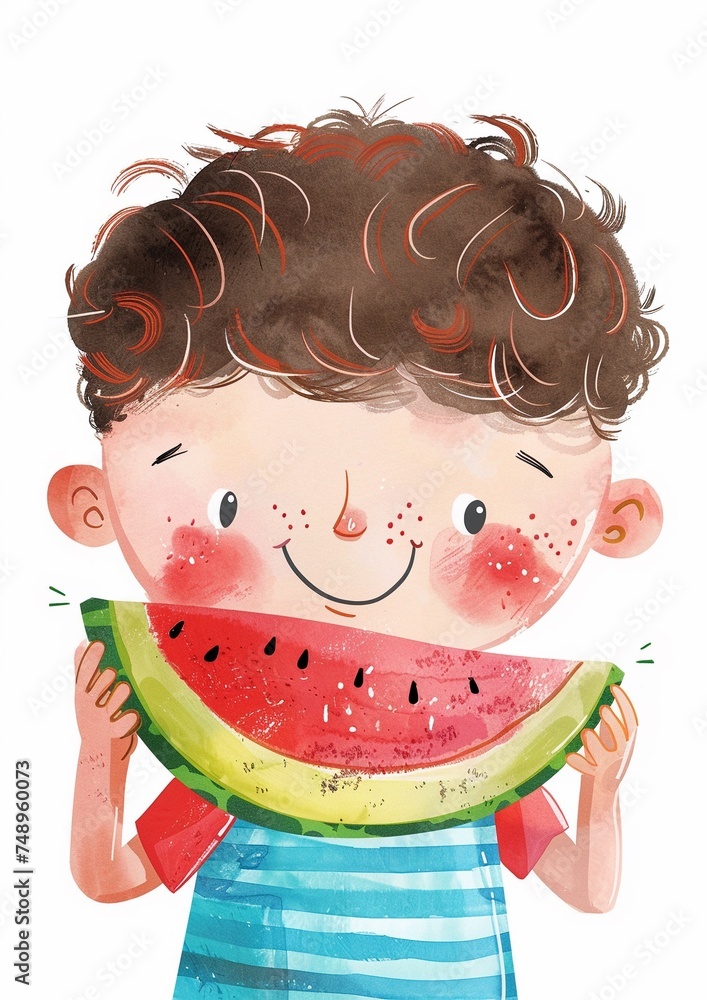 Cute cartoon boy eating watermelon happily isolated on white background ...