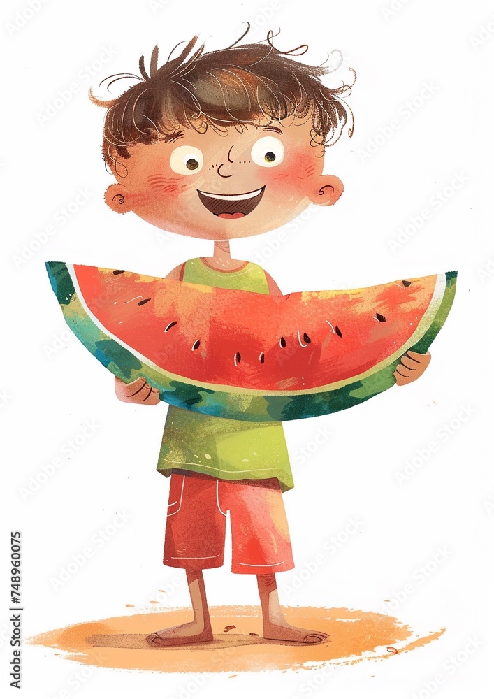 Cute cartoon boy eating watermelon happily isolated on white background ...