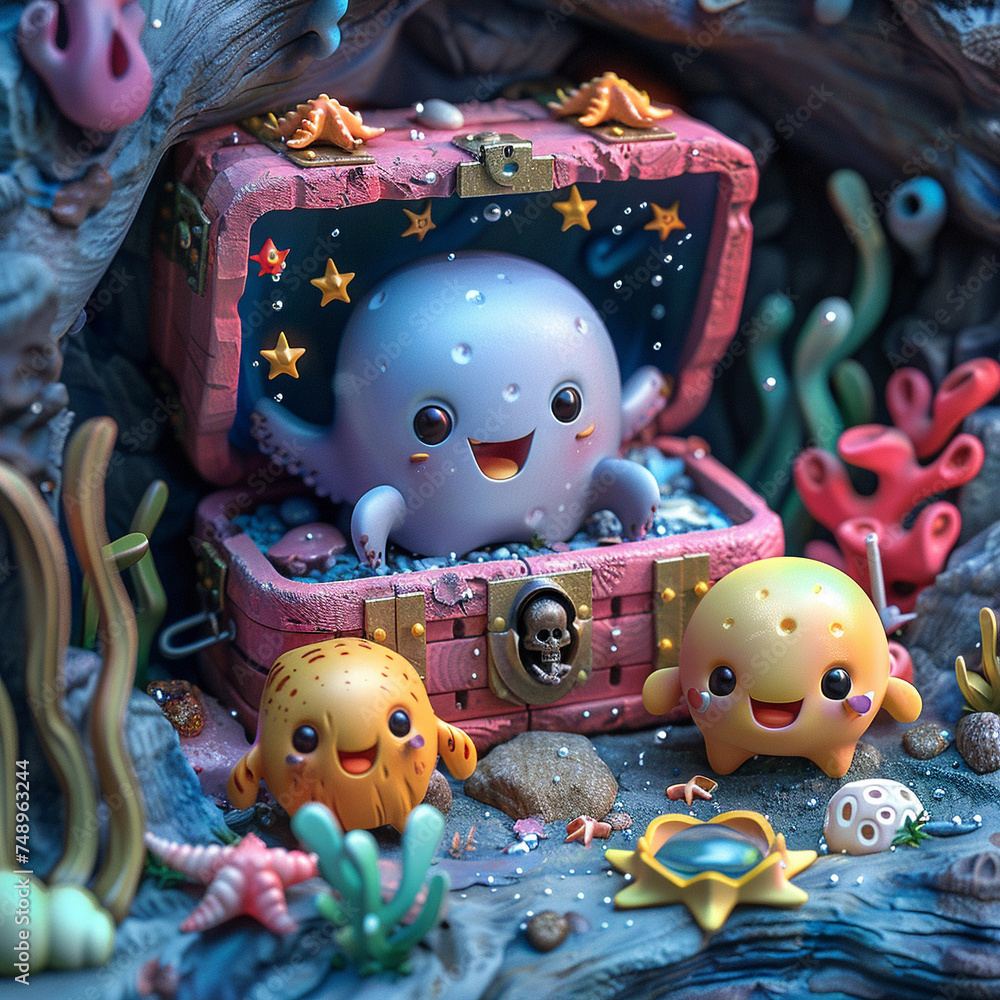 Cartoon-based underwater adventure with a treasure chest and friendly ...