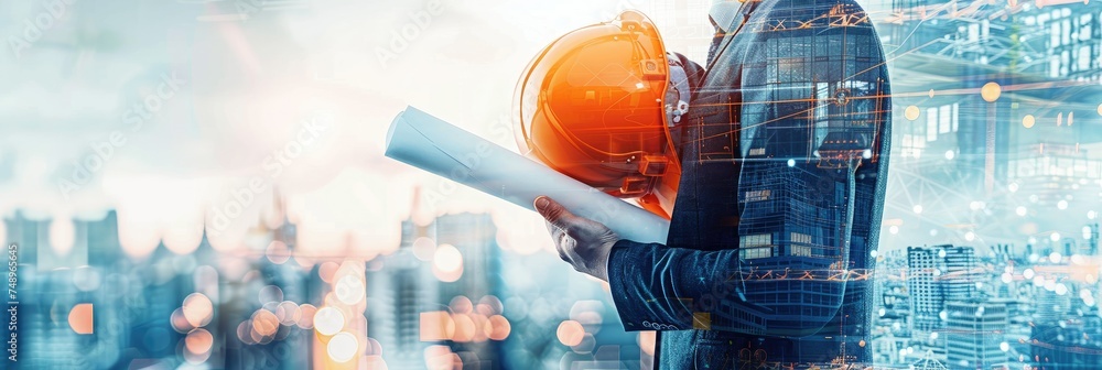 Engineer with digital blueprint overlay on city - An engineer with ...