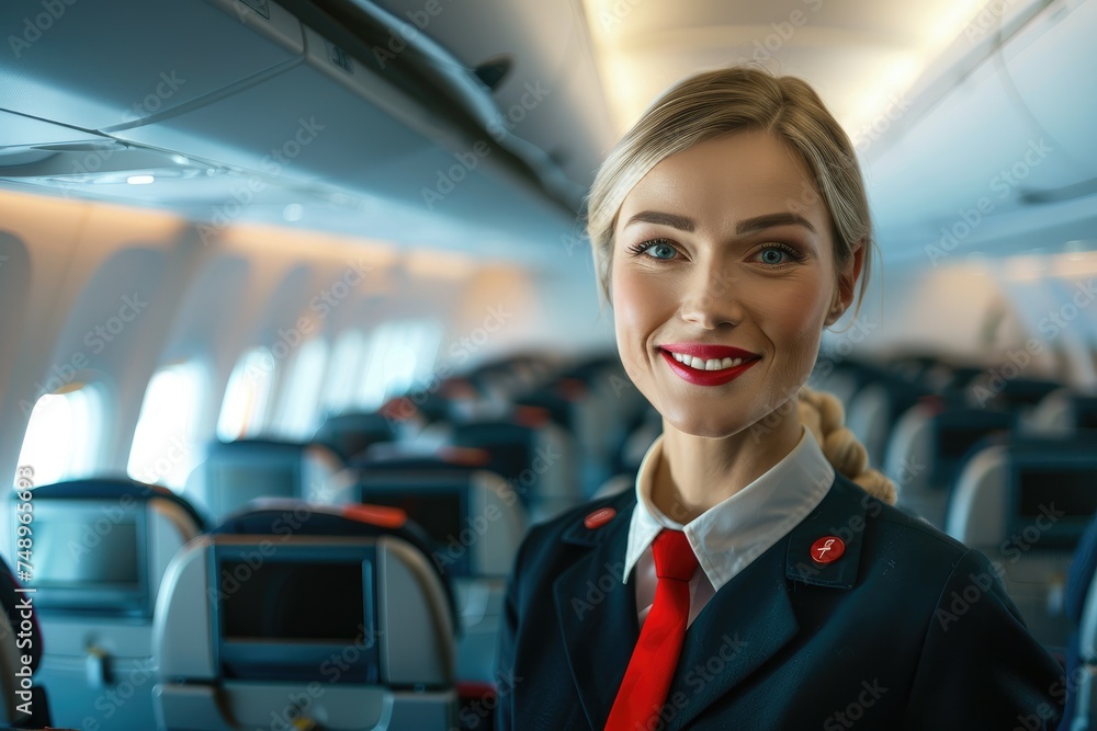 Smiling flight attendant in aircraft cabin - An inviting flight ...