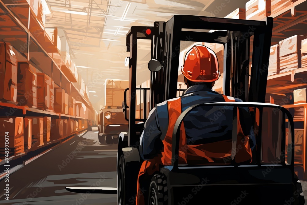 Warehouse worker operates a forklift in a warehouse, illustration of ...
