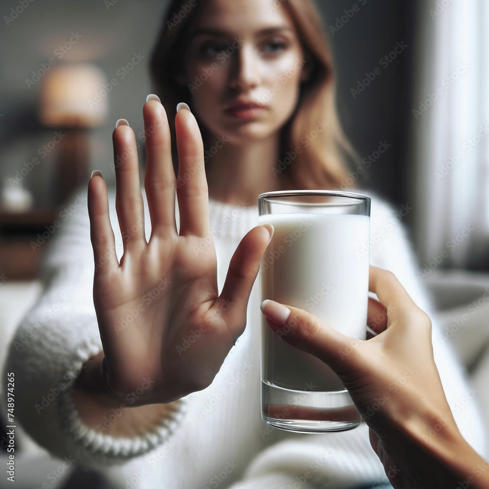 Woman with lactose intolerance or vegan, saying no to cow's milk ...